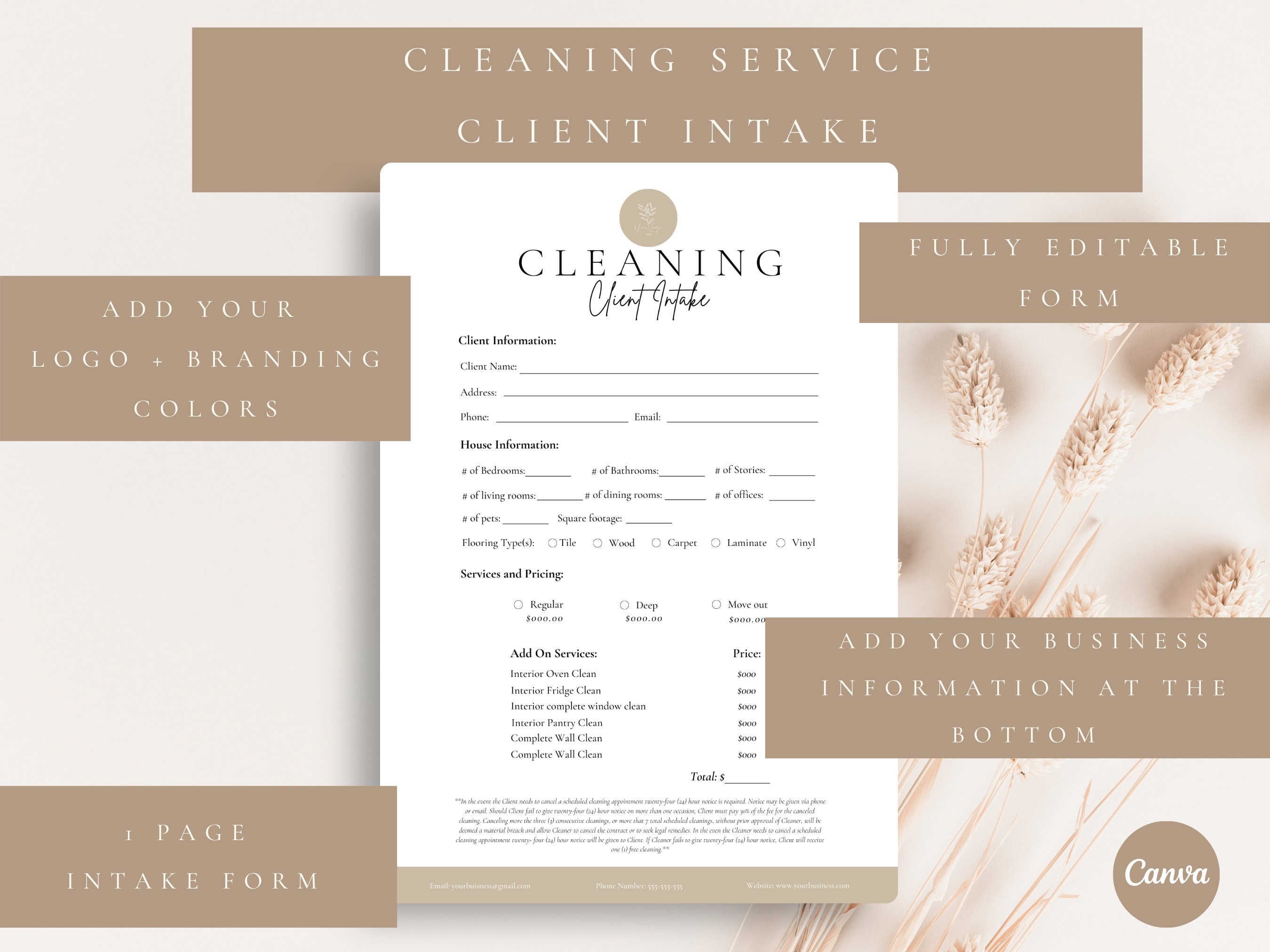 Professional Residential Cleaning Service Client Intake Form,editable ...