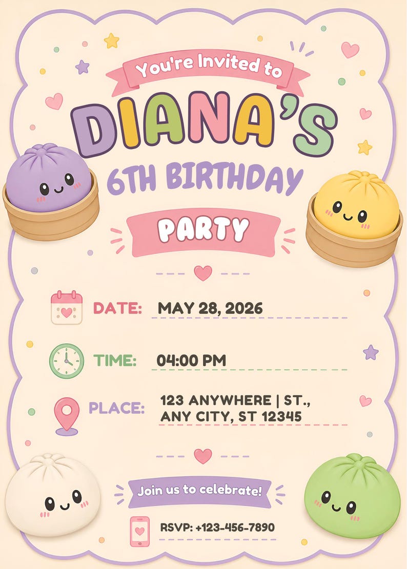 Squishy Dumpling Birthday Invitation | Editable Canva Template | Kawaii ...