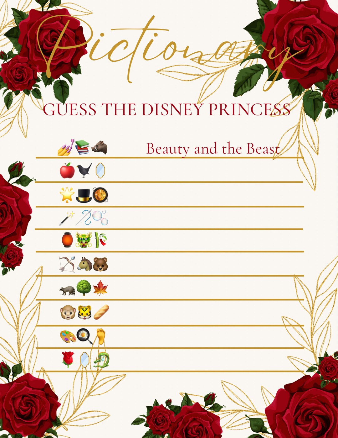 Elegant Beauty and Beast Theme Baby Shower Game Digital File - Etsy