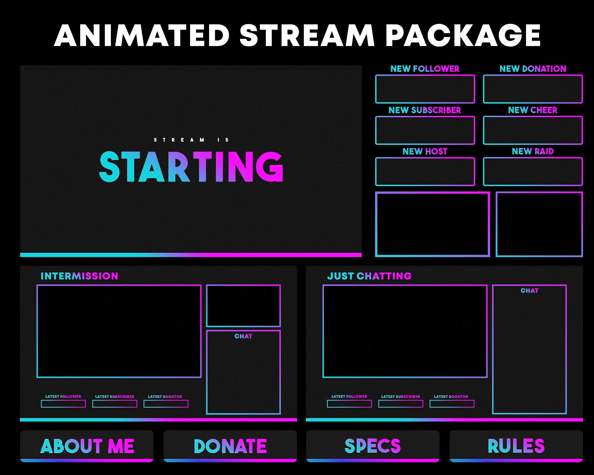ANIMATED Twitch Overlay Pack Cyan Pink Gradient Package Stream Overlays ...