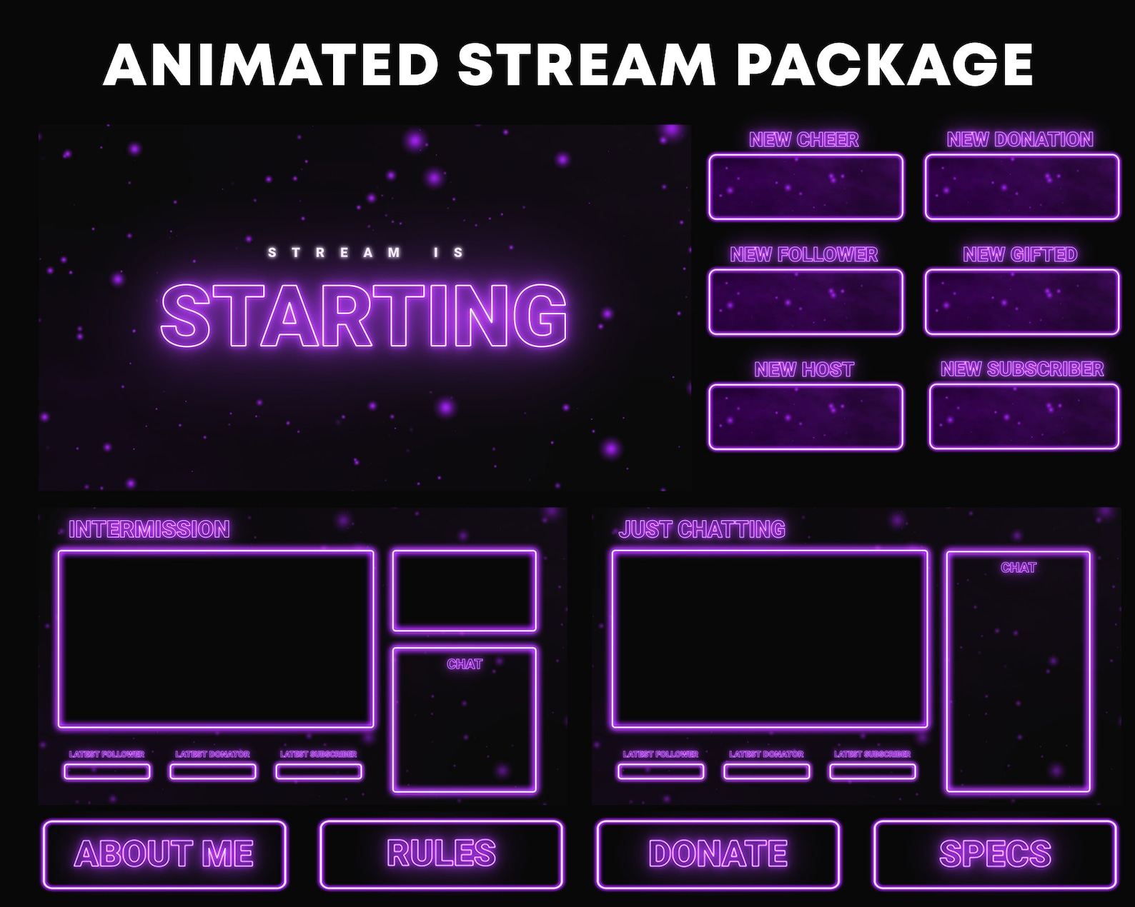 Animated Twitch Overlay Pack | Purple Neon Stream Package | Clean ...
