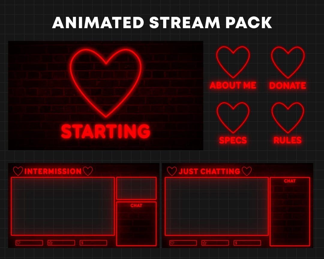 ANIMATED Twitch Overlay Pack | Red Valentine Neon Overlays Pack | Heart ...