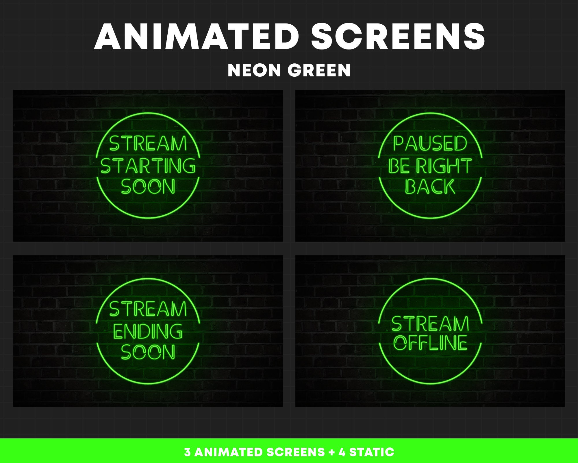 Twitch Stream Screens | Animated Neon Green Screens | Twitch Overlay ...