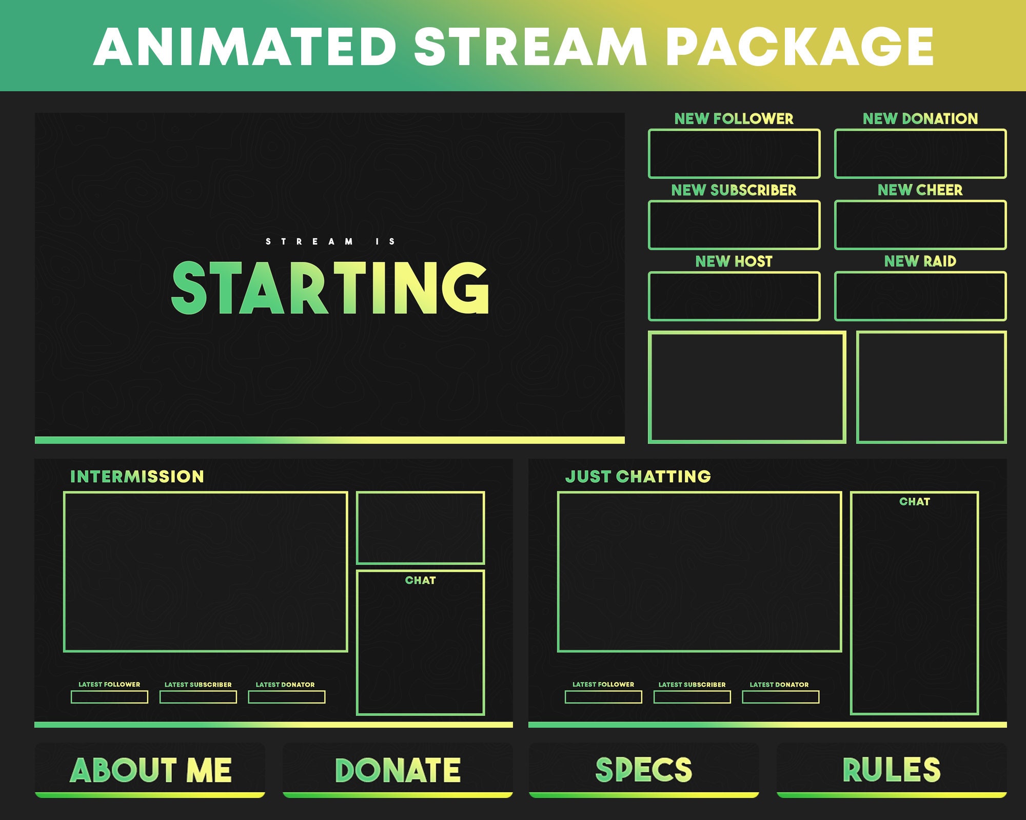 ANIMATED Twitch Overlay Pack | Green Yellow Gradient Package | Stream ...