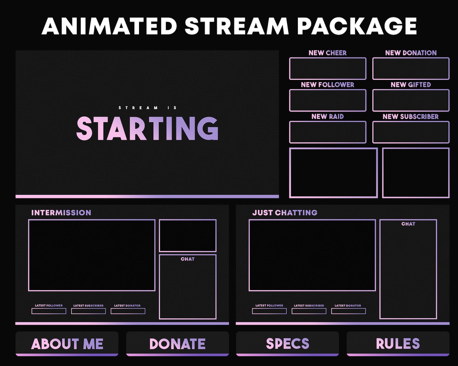 Twitch Overlay Pack | Animated Pink Purple Gradient Package | Minimal ...