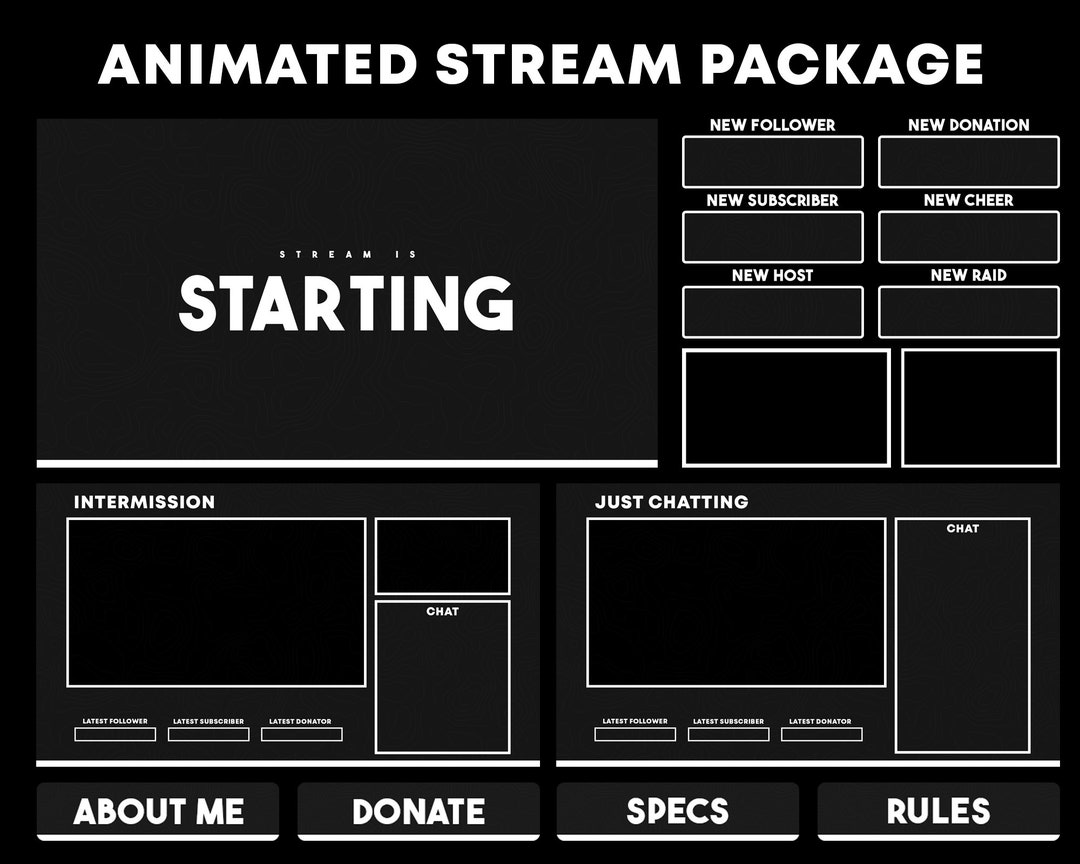 ANIMATED Twitch Overlay Pack | Black and White - Dark Theme Package ...