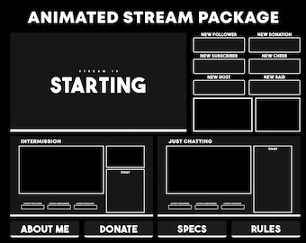 Black and White Animated Twitch Overlays, Clean Aesthetic Dark Theme Stream Overlay Package ...