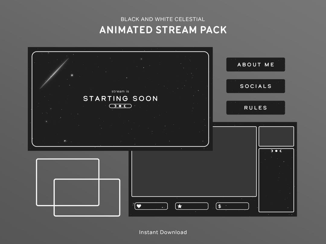 Black and White Celestial Stream Overlay Package | Animated Twitch ...