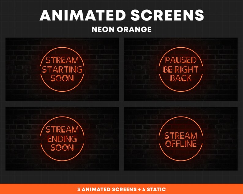 Twitch Stream Screens | Animated Neon Orange Screens | Twitch Overlay ...