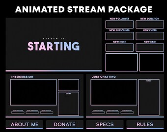 ANIMATED Twitch Overlay Pack Blue Purple Gradient Package Stream Overlays Package Aesthetic ...