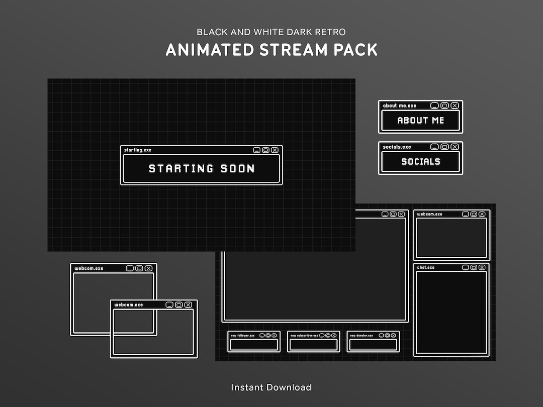 Black and White Dark Retro Stream Overlay Package | Animated Twitch ...