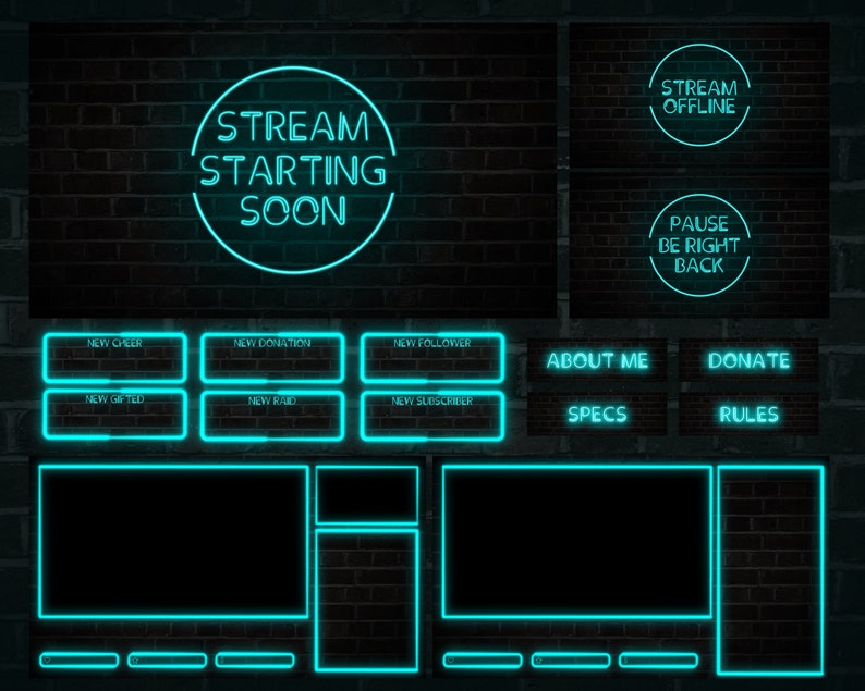 Stream Overlay Pack Neon Cyan - Animated Twitch Overlays Package - Etsy