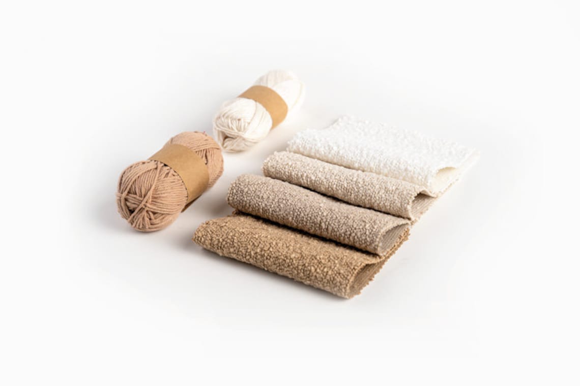 White Bouclé Boho Pouf-natural Leather Handle / Scandinavian Pouf ...