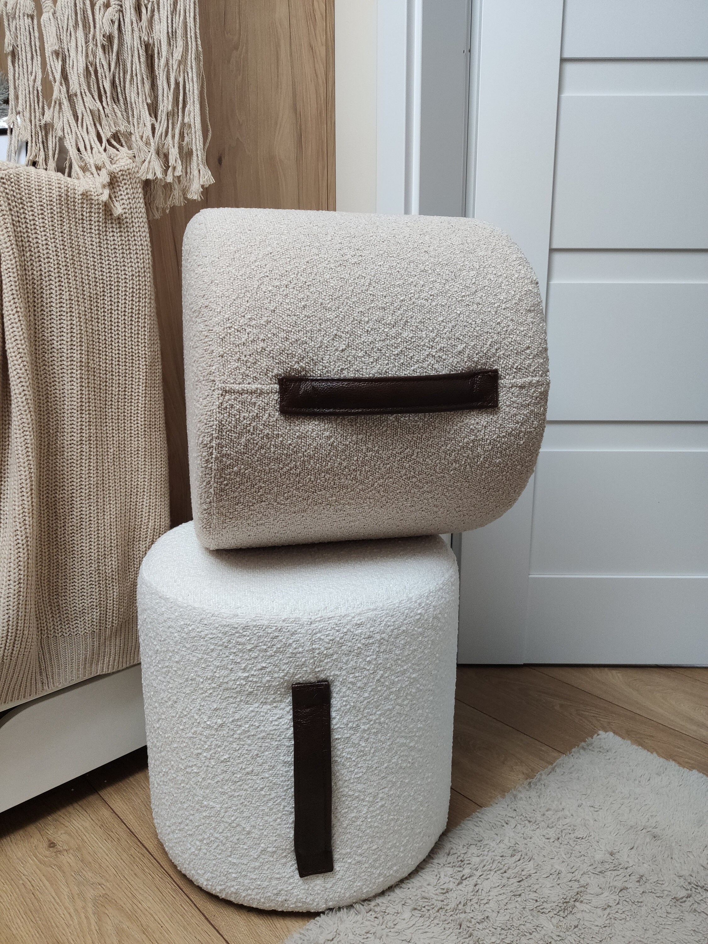 White Bouclé Boho Pouf-natural Leather Handle / Scandinavian Pouf ...