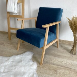 Blue Low-slung Wooden Magic Velvet Armchair Inspired by Polish Chairs ...