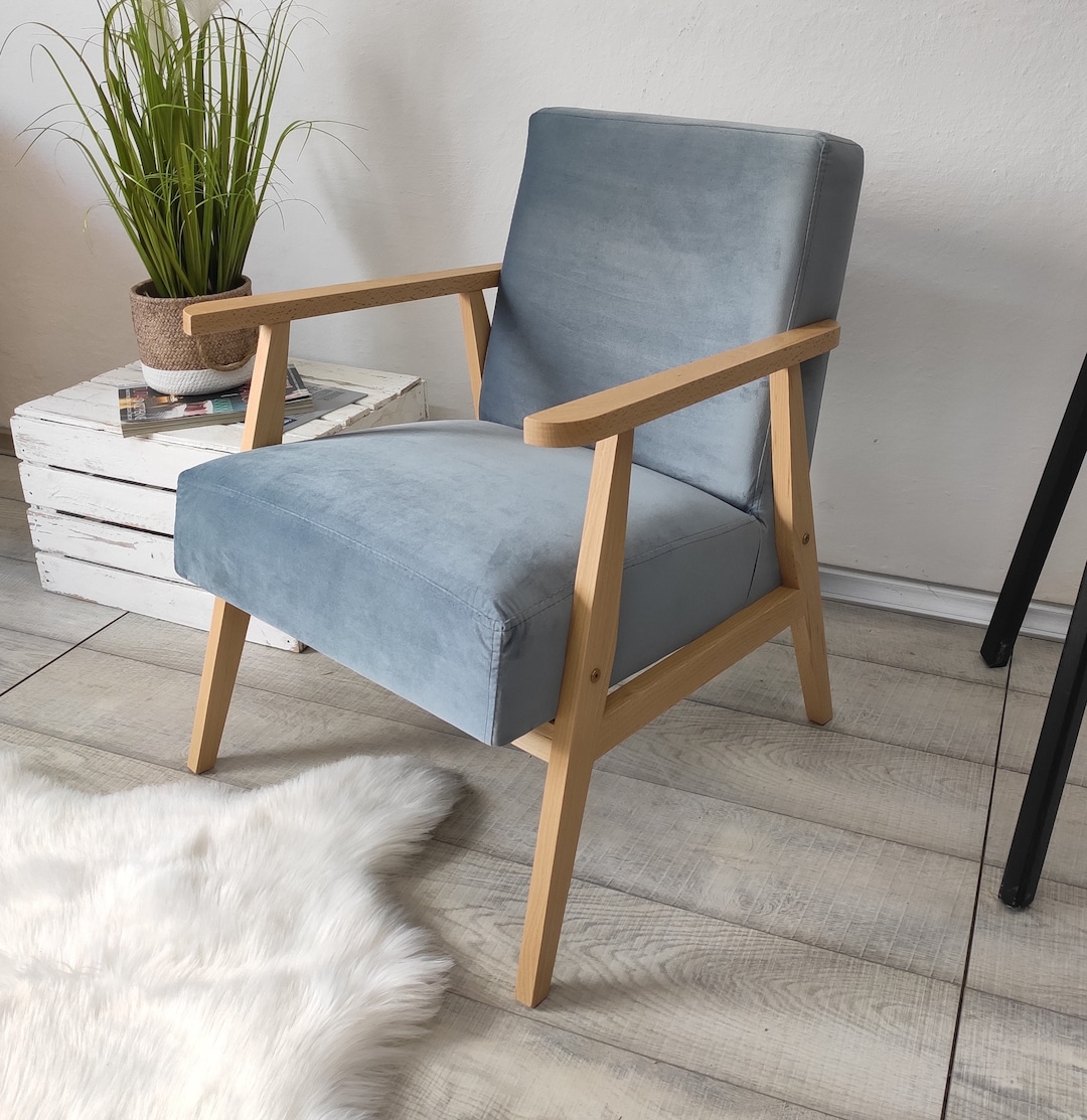 Blue Low-slung Wooden Magic Velvet Armchair Inspired by Polish Chairs ...