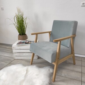 Blue Low-slung Wooden Magic Velvet Armchair Inspired by Polish Chairs ...