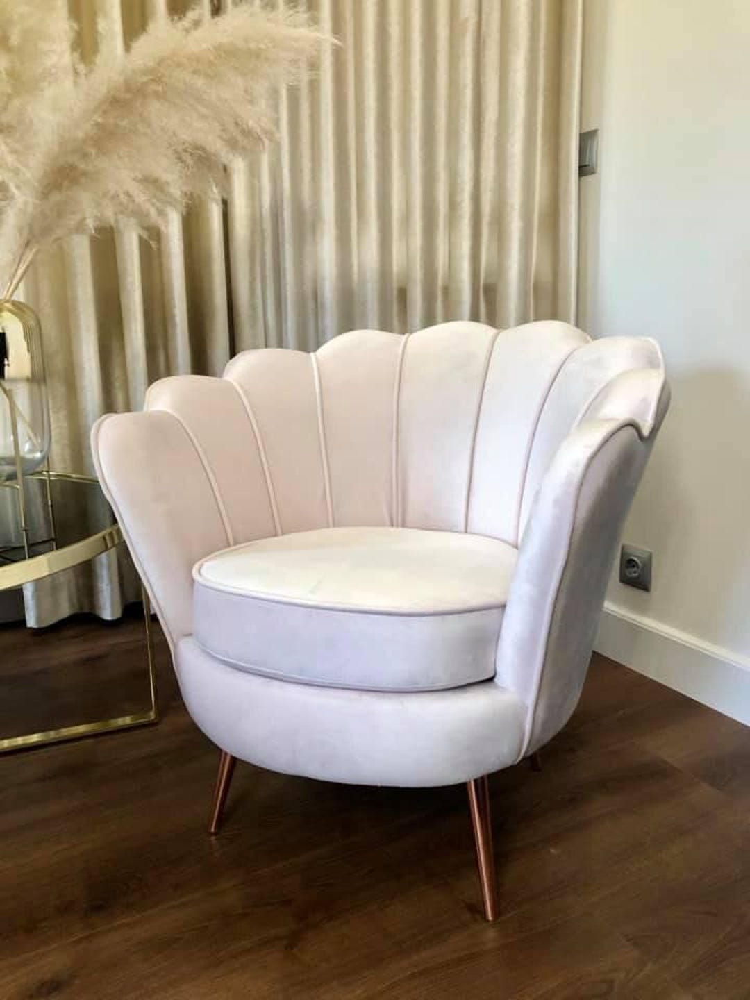 White Ivory Velvet Shell Chair – Minimal Glam Accent Armchair With Gold ...