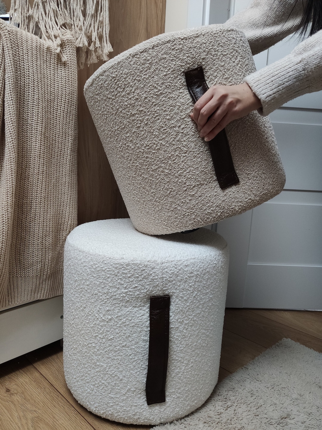White Bouclé Boho Pouf-natural Leather Handle / Scandinavian Pouf ...