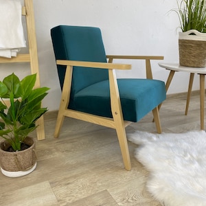 Blue Low-slung Wooden Magic Velvet Armchair Inspired by Polish Chairs ...