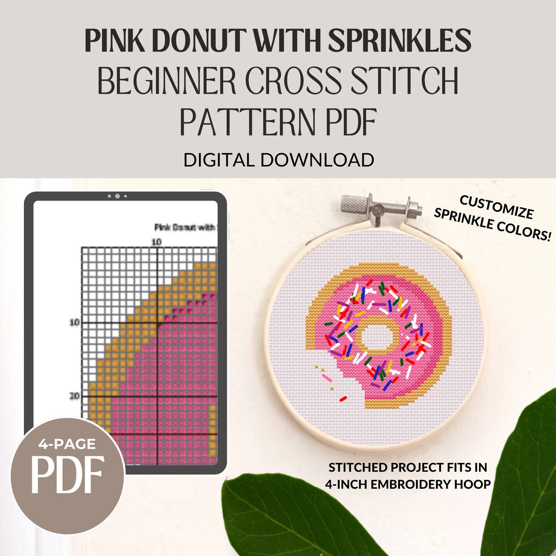 Pink Donut Cross Stitch Pattern Pdf, Mini Counted Cross Stitch Art ...