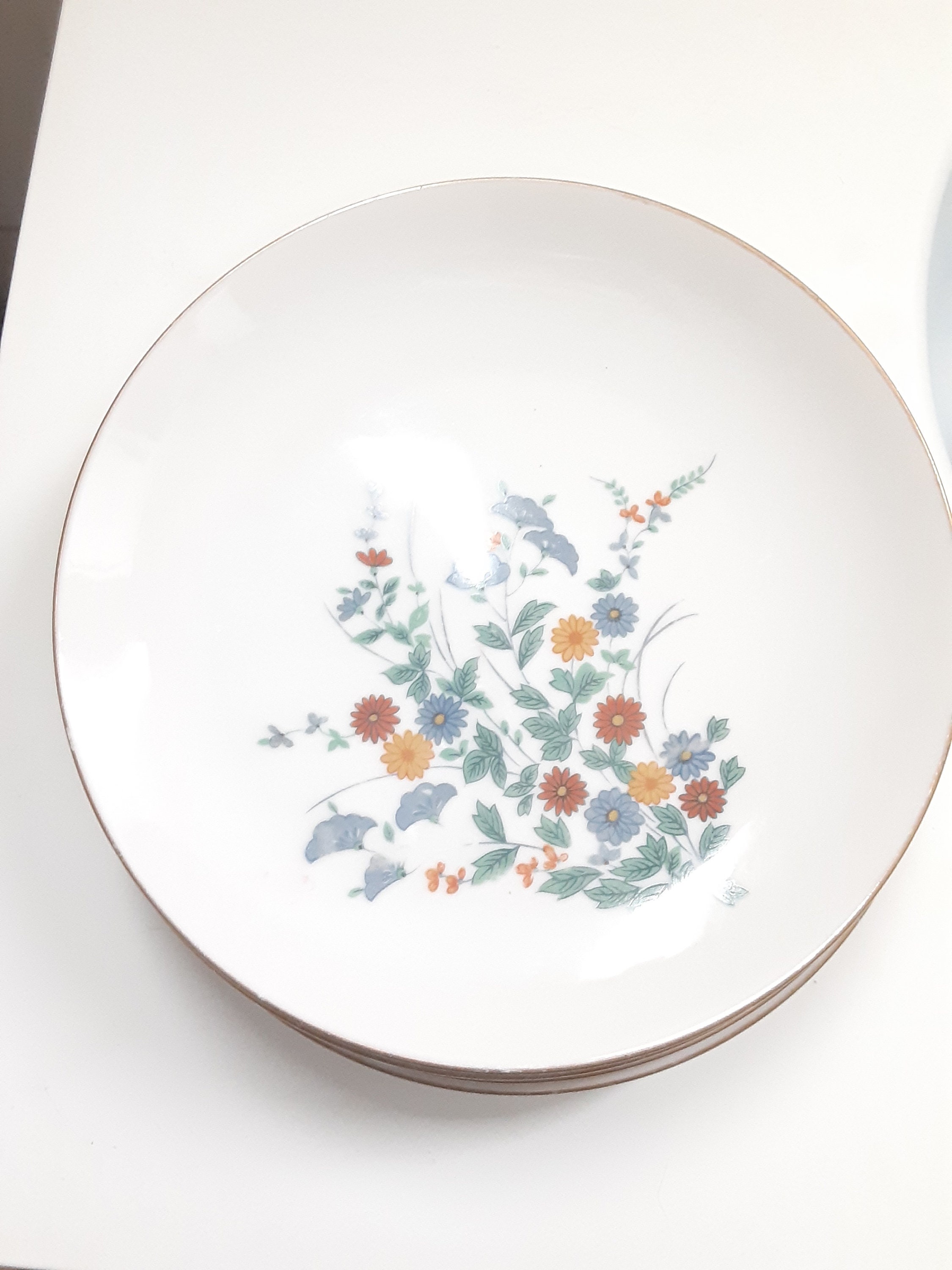 Flower 7" Ceramic Plates With Gold Trim Set of 5/rust Blue & Green ...