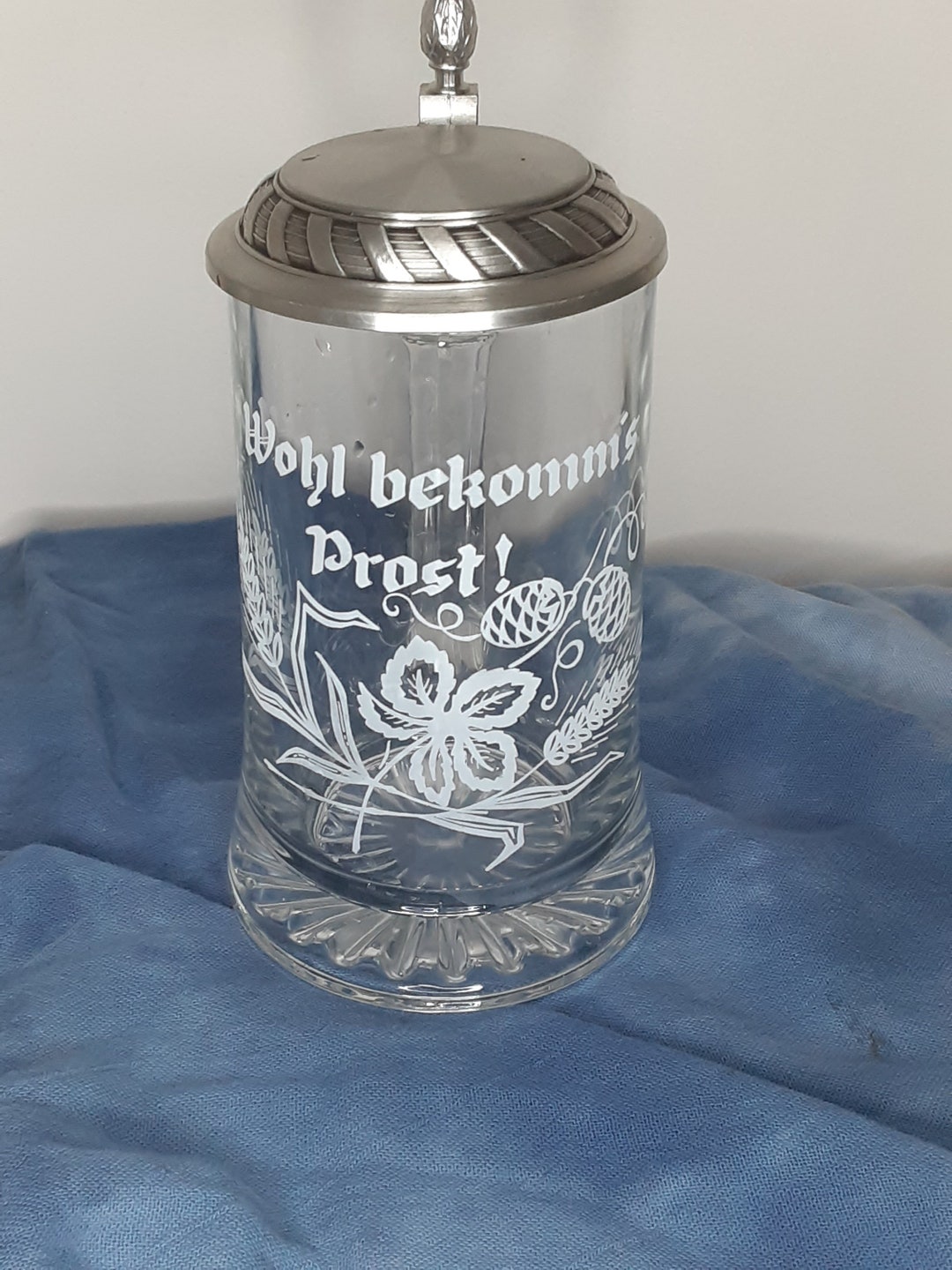 German Glass Stein With Pewter Lid/glass Stein With German Writing With ...