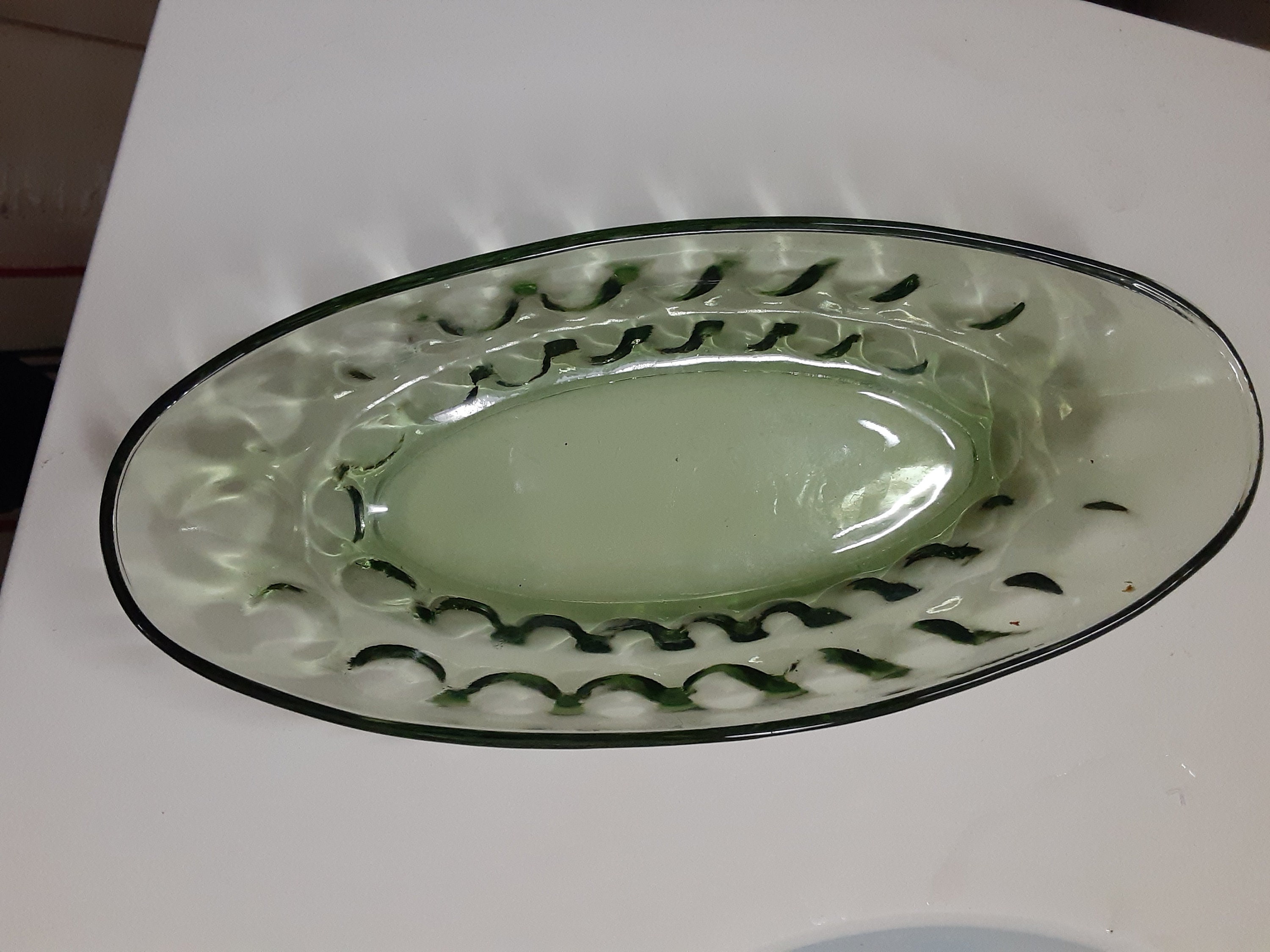 Hazel Atlas Green Glass Celery Dish C1960table Decorglass Dishkitchen Decor Etsy