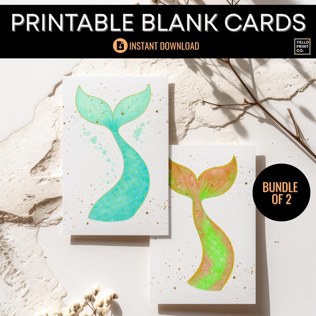 Teal & Gold Mermaid Tail Cards: Printable Birthday Card, Thank You ...
