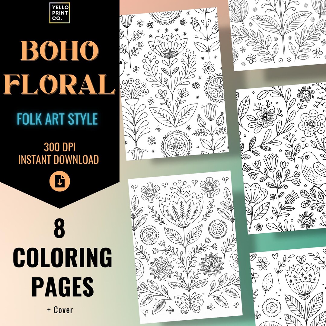 Boho Flower Coloring Pages | Printable Coloring Book | Digital Download ...
