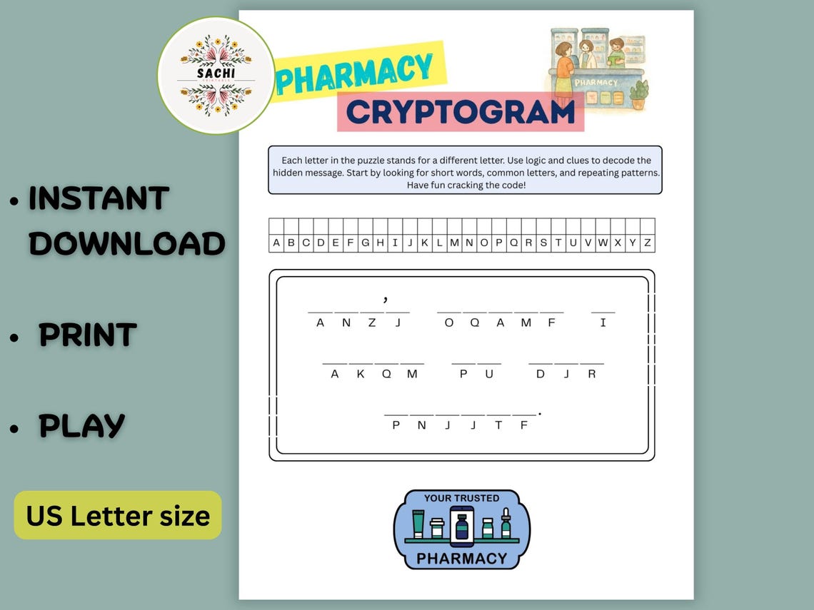 Pharmacy Cryptogram Puzzle: Printable Game for Pharmacy Week (PDF ...