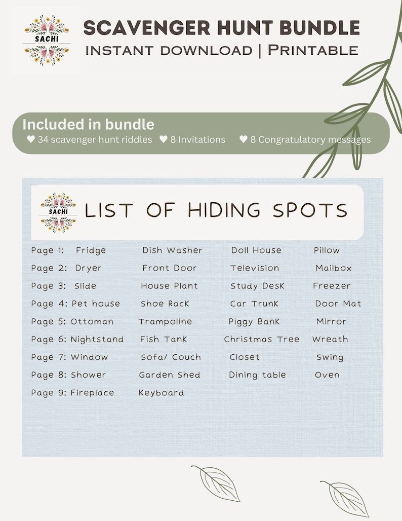 Kids Scavenger Hunt - 34 Indoor & Outdoor Clue Cards Plus 8 Occation ...