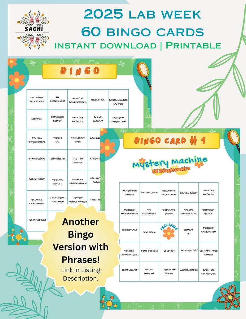 Printable 60 Bingo Cards Lab Week | Mystery Machine of Diagnostics ...