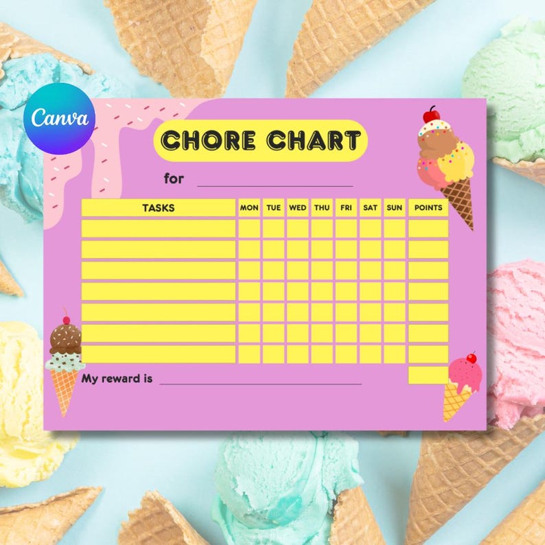 Ice Cream Chore Chart Printable, Kids Responsibility Chart (digital ...