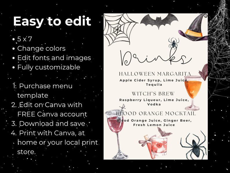 Halloween Spooky Drinks Cocktail Bar Menu Template, Editable Printable ...