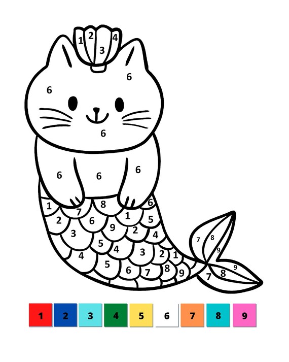 Kitty Cat Mermaid Color by Number Picture for All Ages of - Etsy