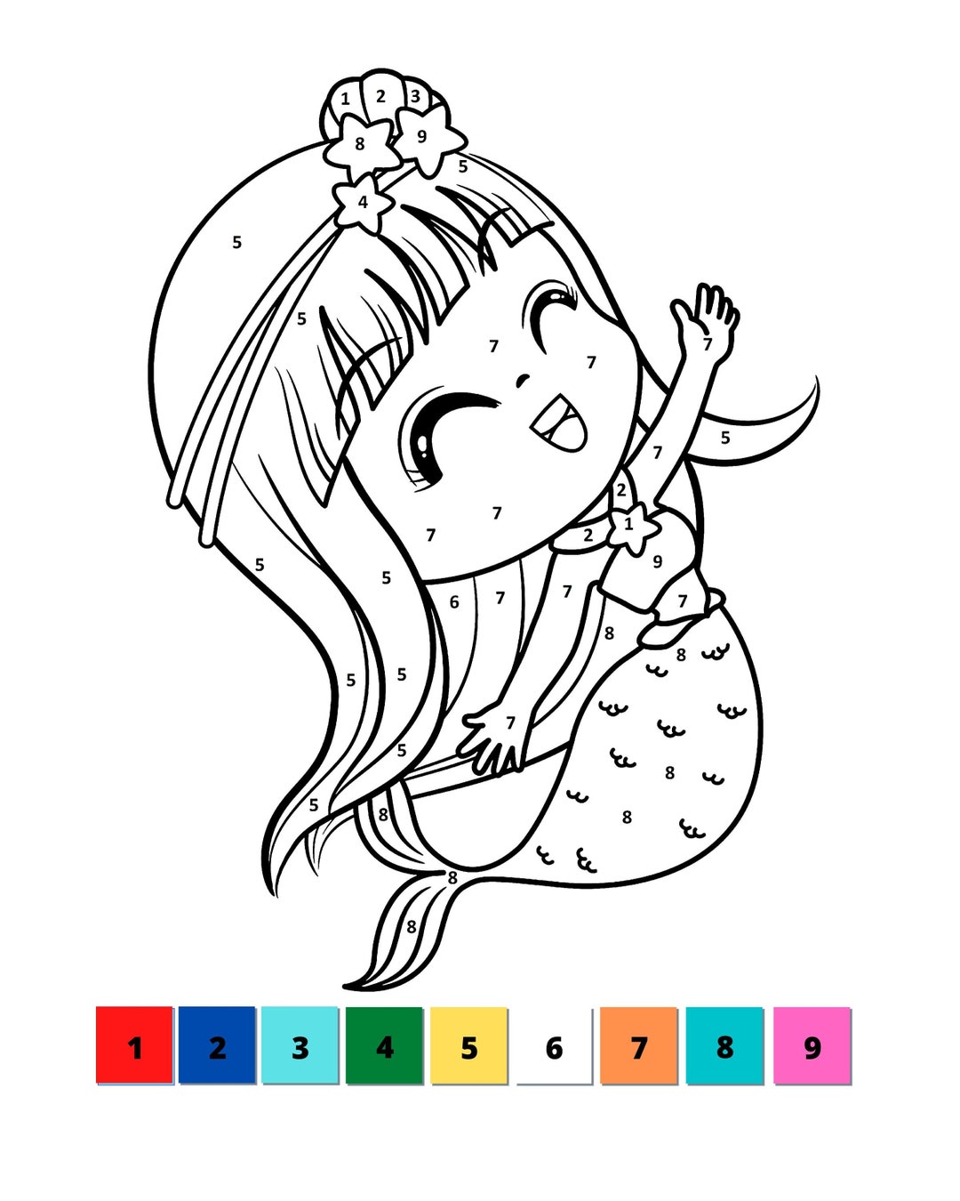 Mermaid Color by Number Coloring Activity Page for All Ages - Etsy