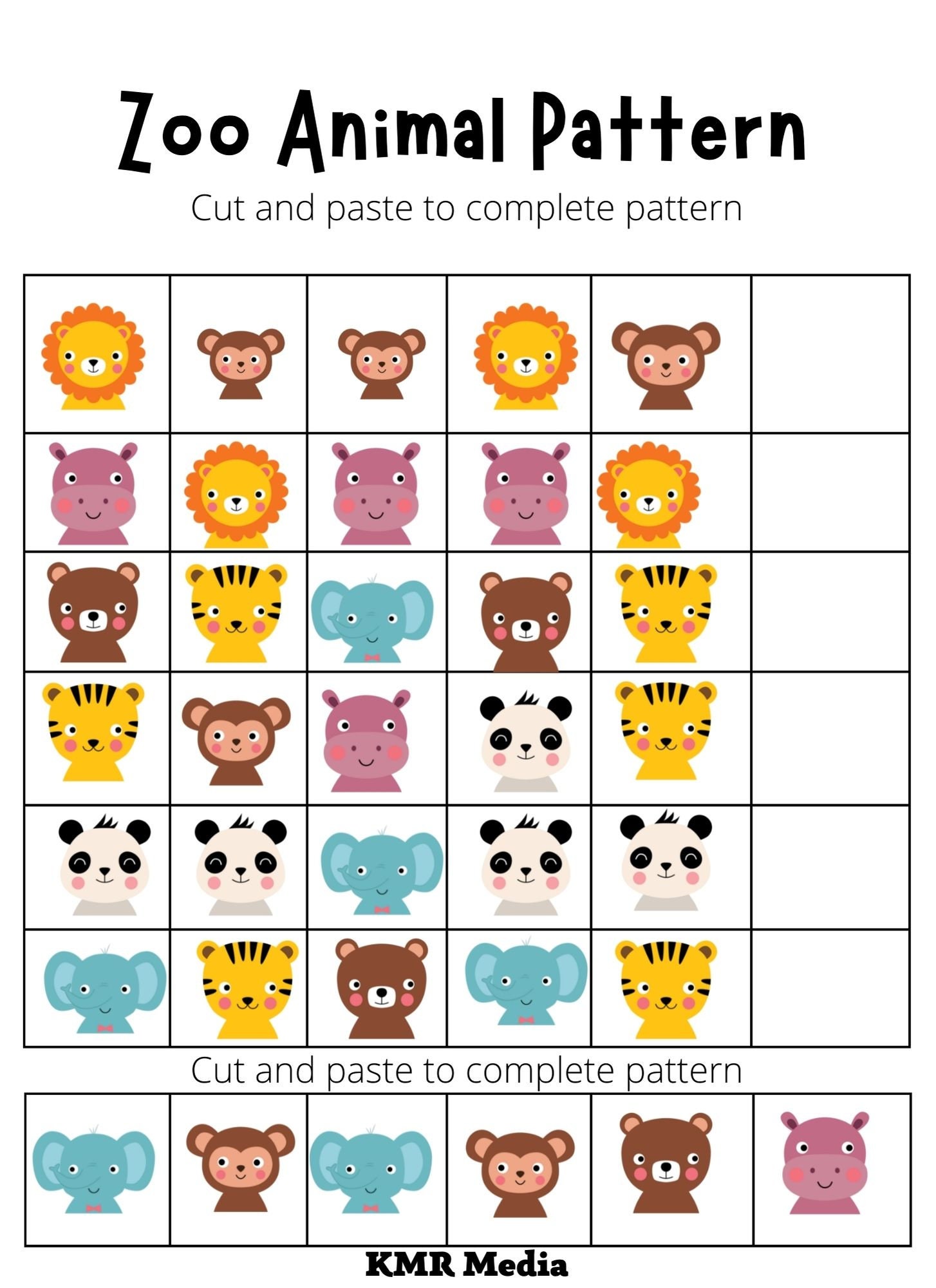 Zoo Animal Pattern Kid's Activity Sheet, Preschool Worksheet ...