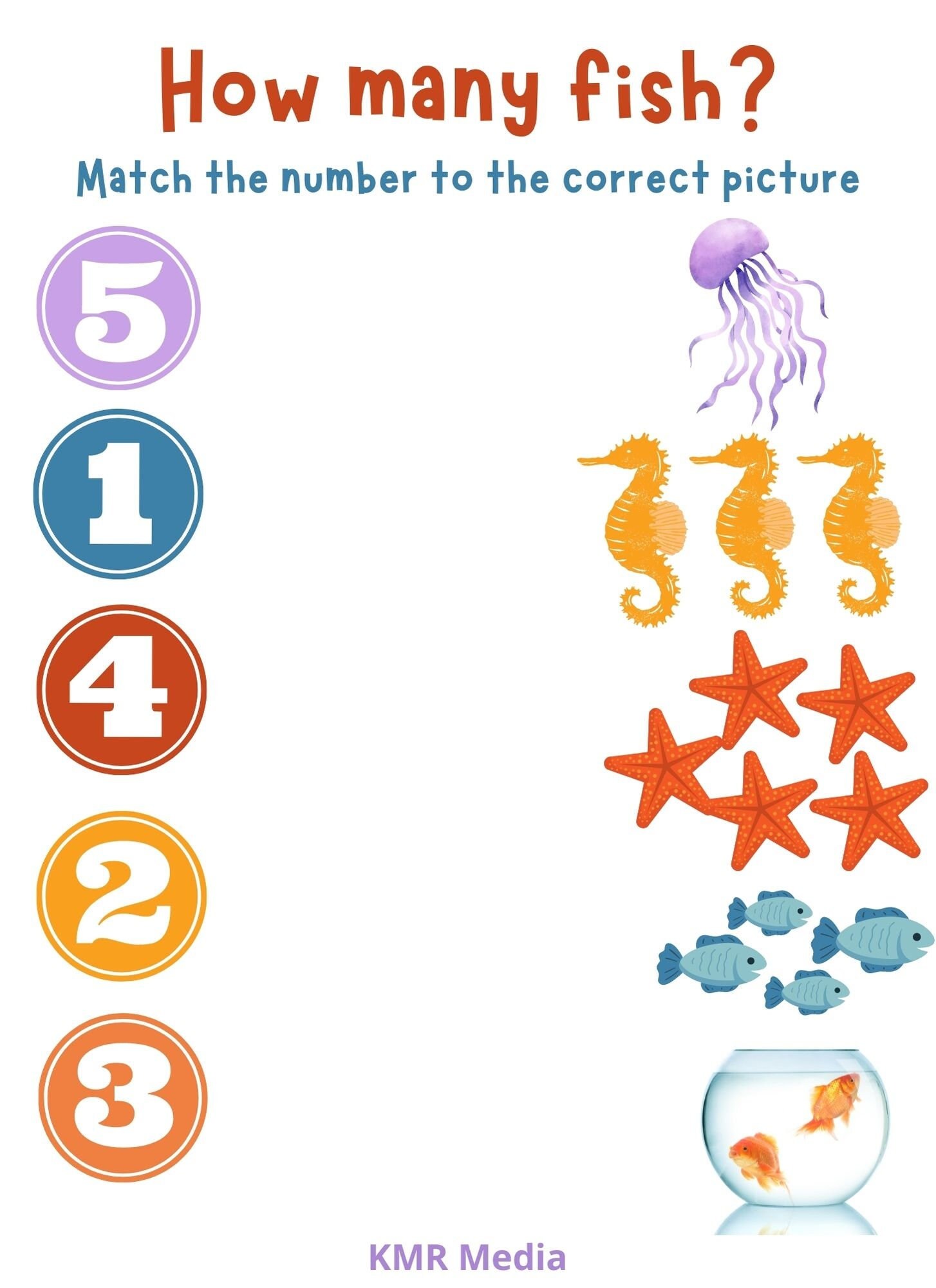 How Many Fish Kid's Worksheet Math Activity Sheet Matching Number to ...