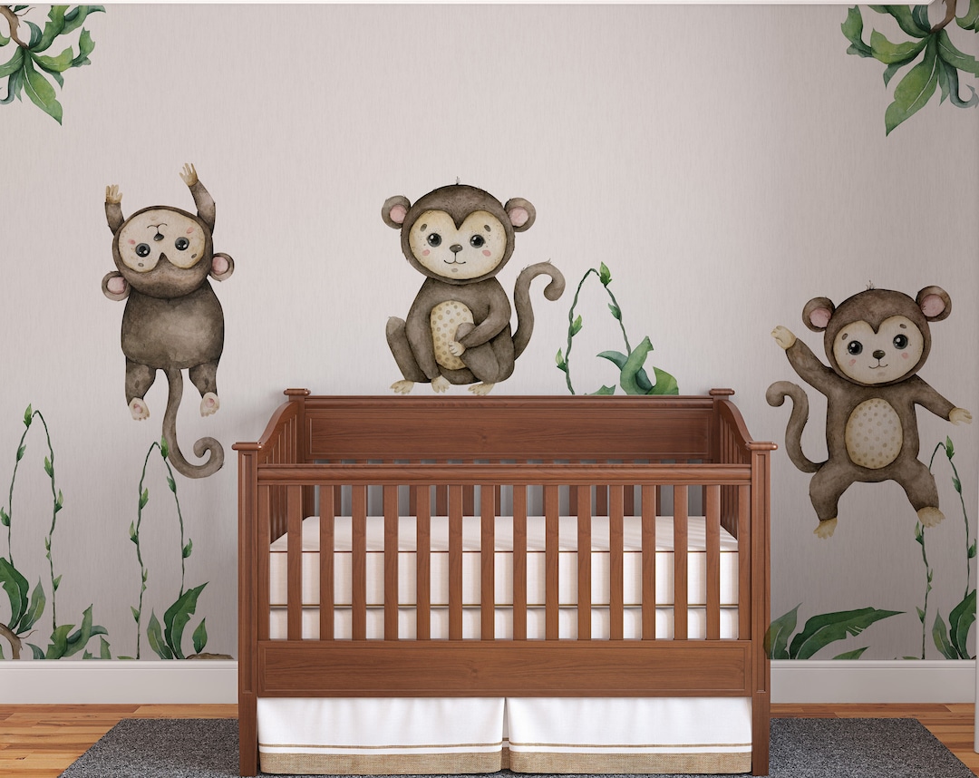 Hanging Monkey Wall Decal-watercolor Monkeys Wall Sticker Set-jungle ...