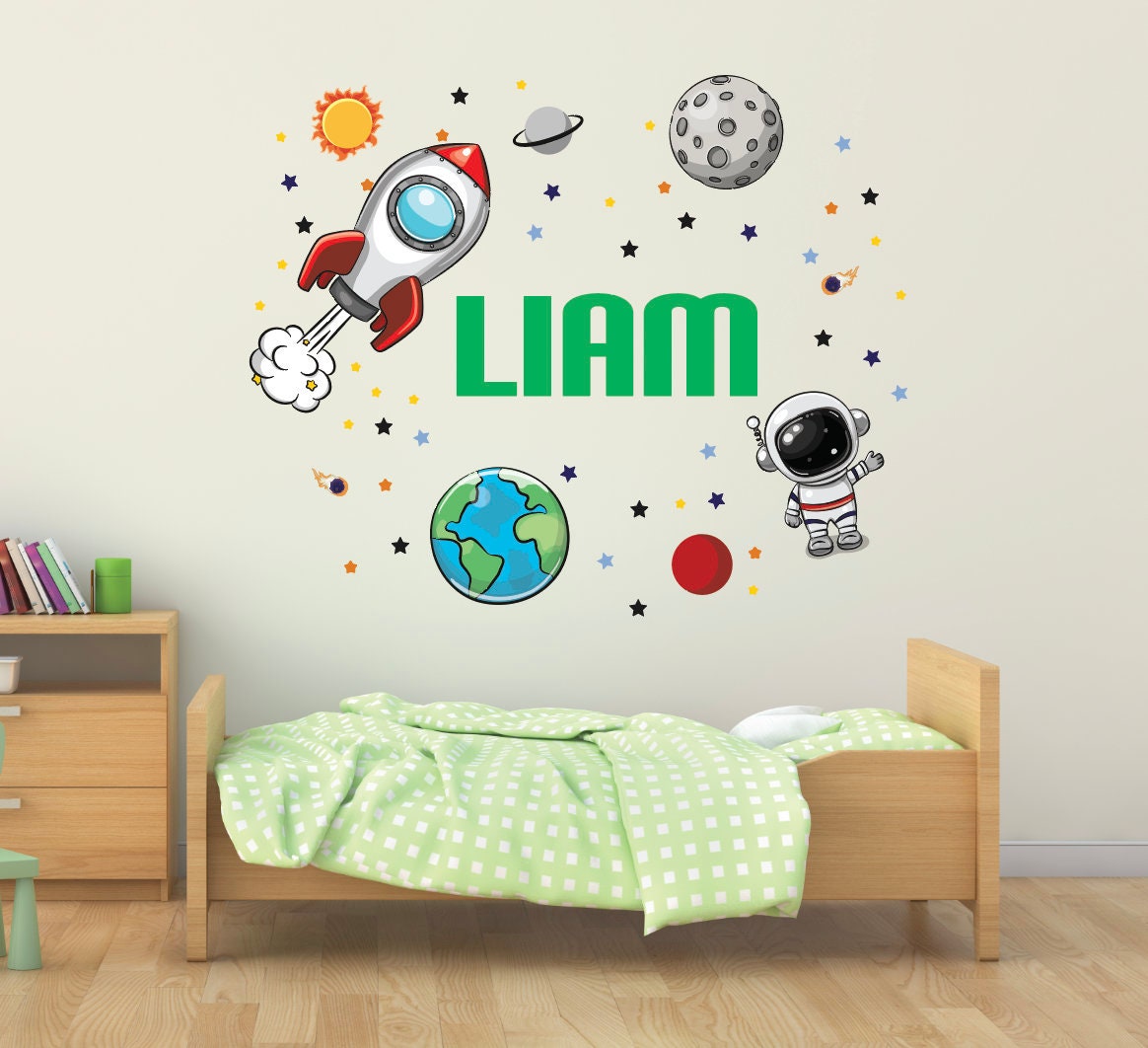 Customized Space Name Wall Decal Astronaut Nursery Decor, Galaxy Solar ...