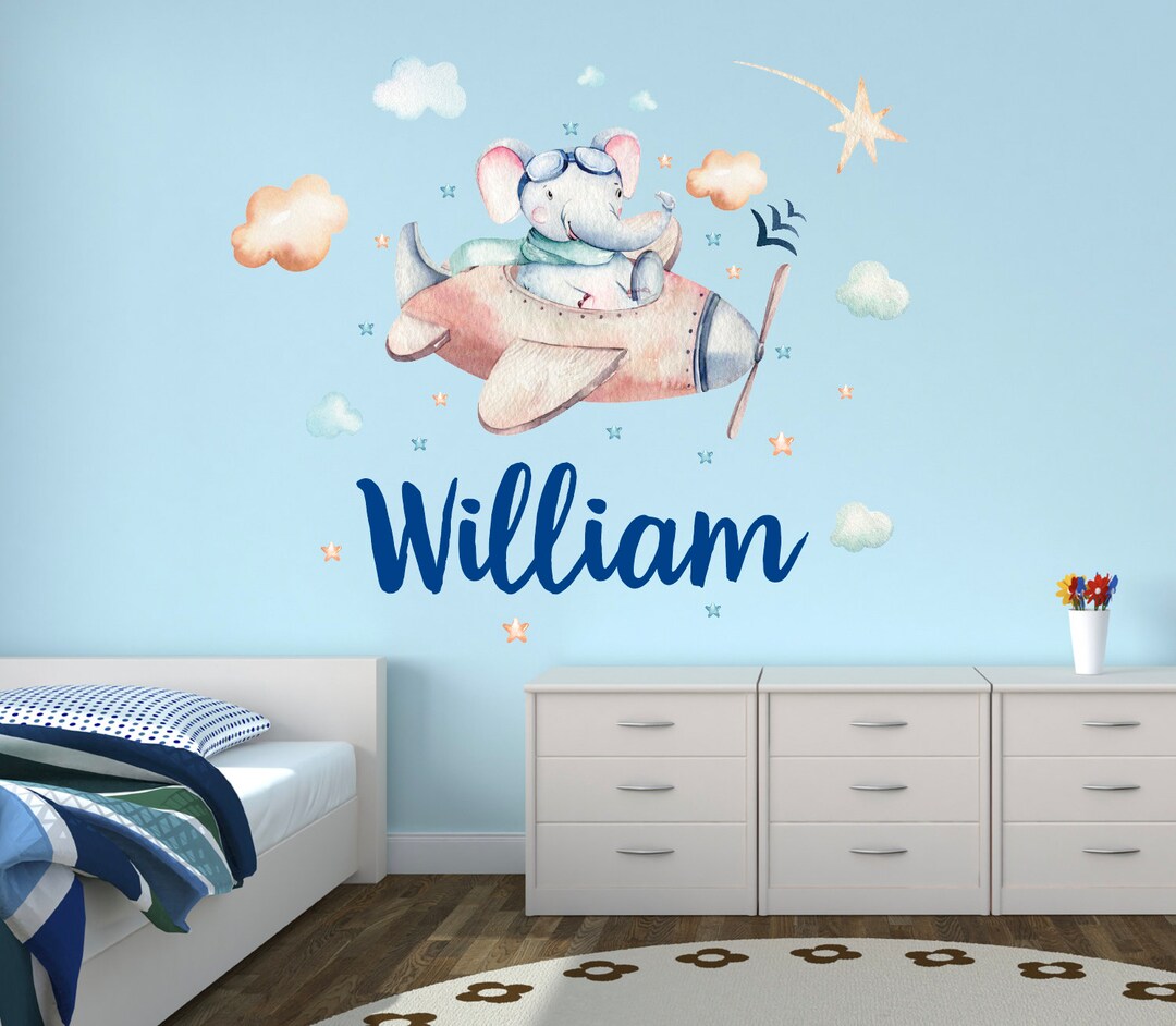 Personalized Elephant Airplane Wall Decal Clouds and Stars, Unisex Room ...