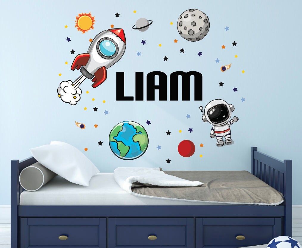 Customized Space Name Wall Decal Astronaut Nursery Decor, Galaxy Solar ...