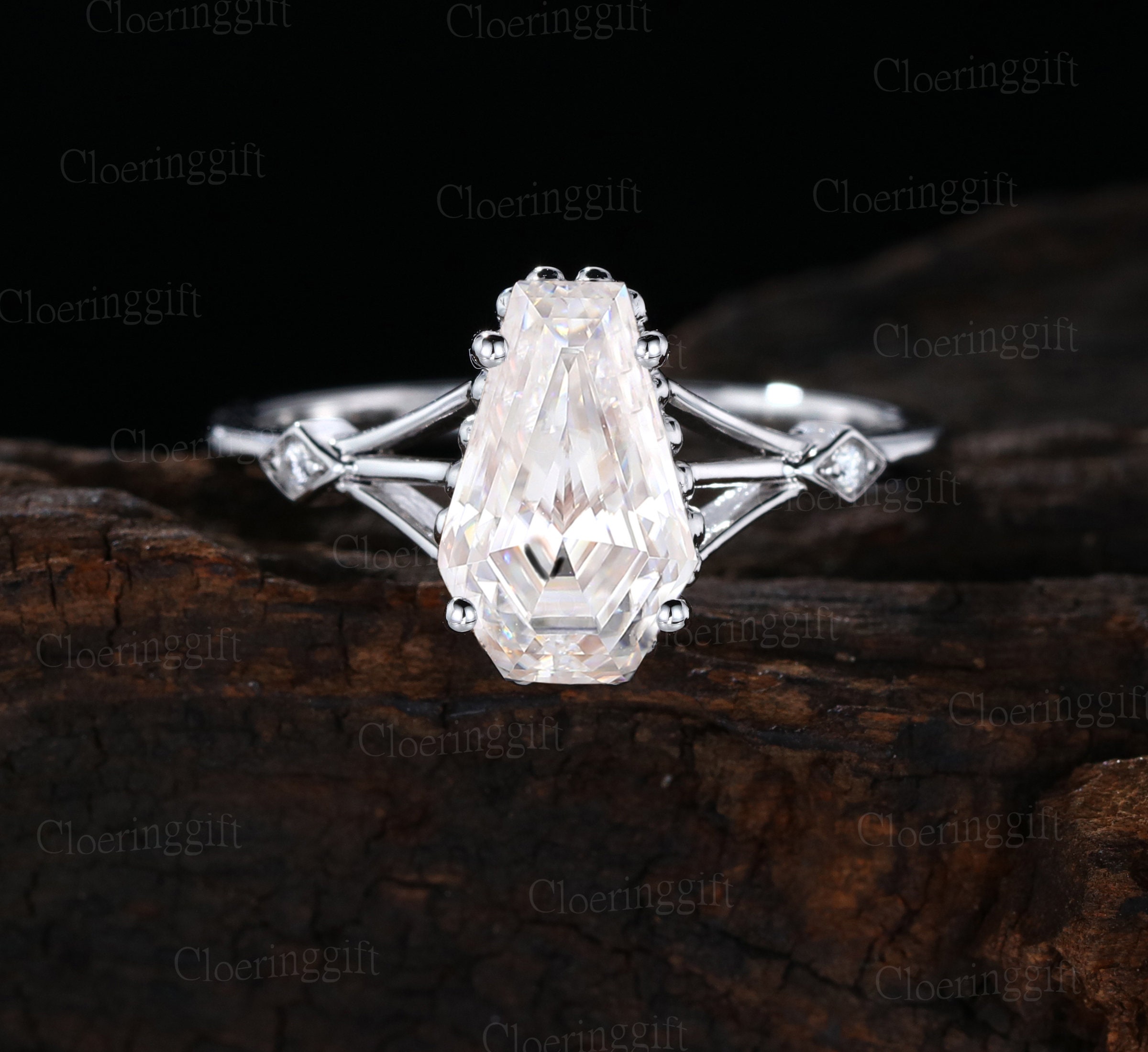 Coffin Cut Moissanite Engagement Ring Set Unique Diamond - Etsy
