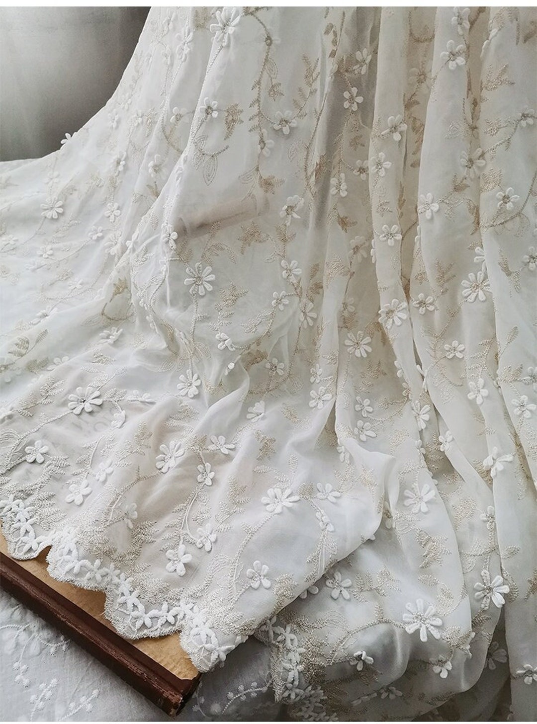 White Lace Wedding Chiffon Fabric,embroidered Floral Fabric,wedding ...