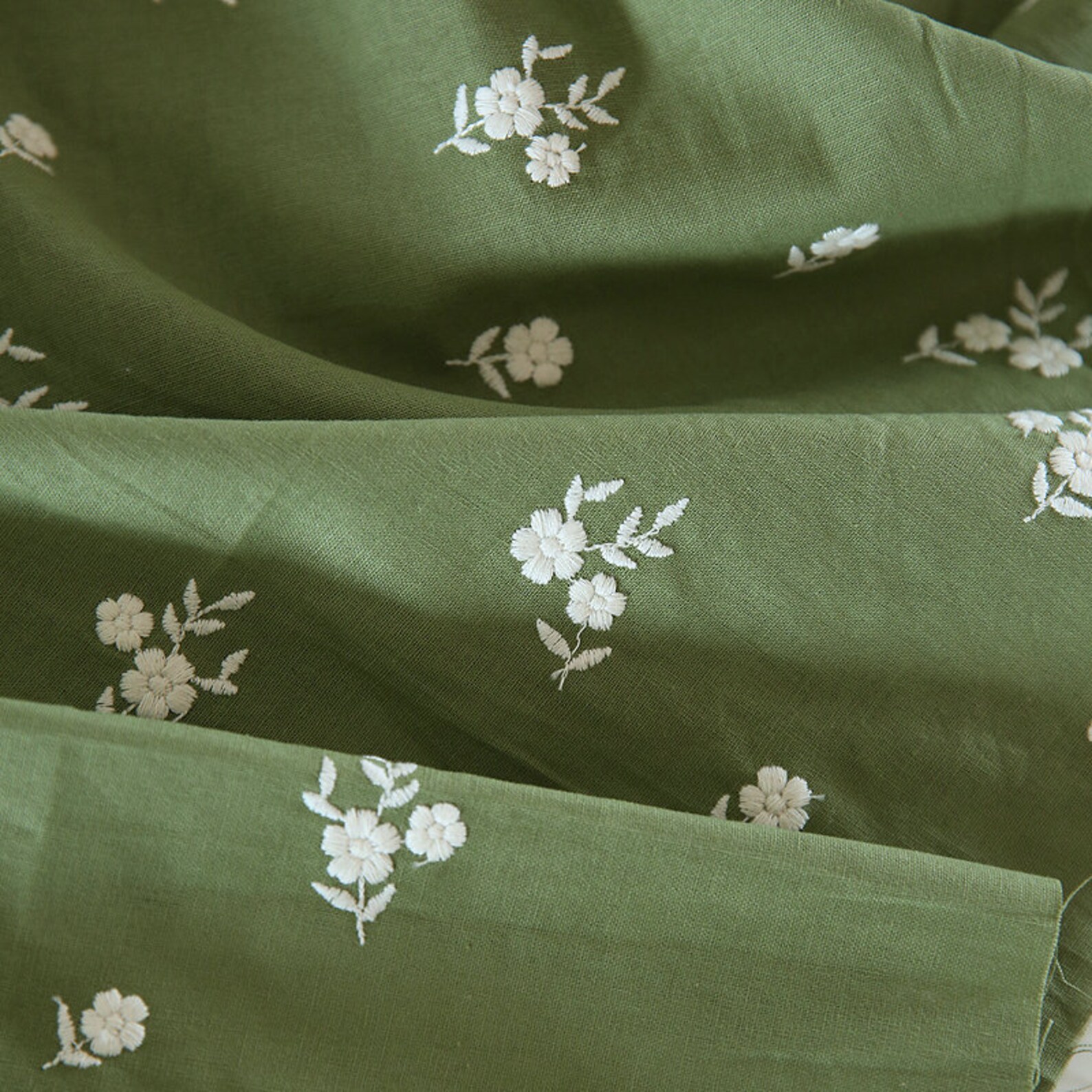 Green Floral Linen Fabricembroidered Fabricflower Linen - Etsy