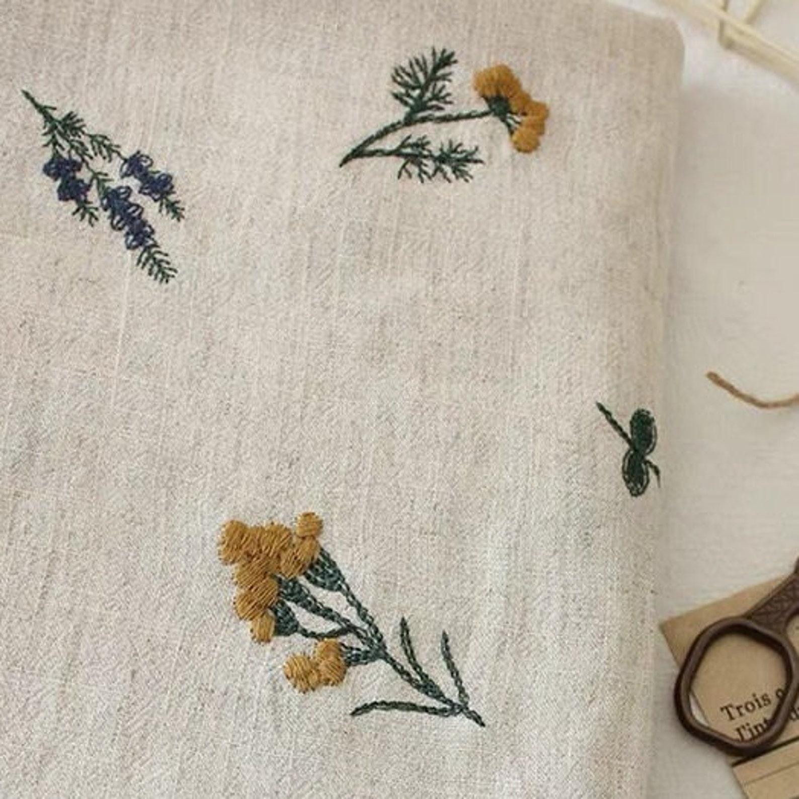 Floral Linen Embroidered Fabricplant Embroidered - Etsy
