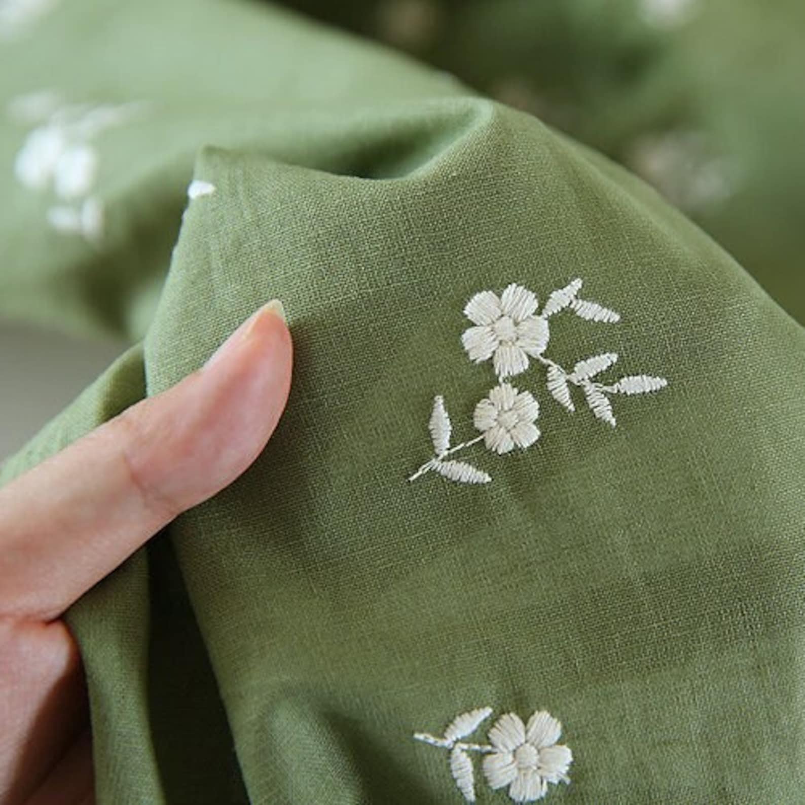 Green Floral Linen Fabricembroidered Fabricflower Linen - Etsy