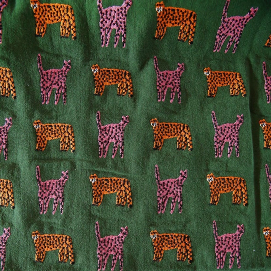 Tiger Embroiderd Linen Cotton Fabricgreen Embroidered - Etsy