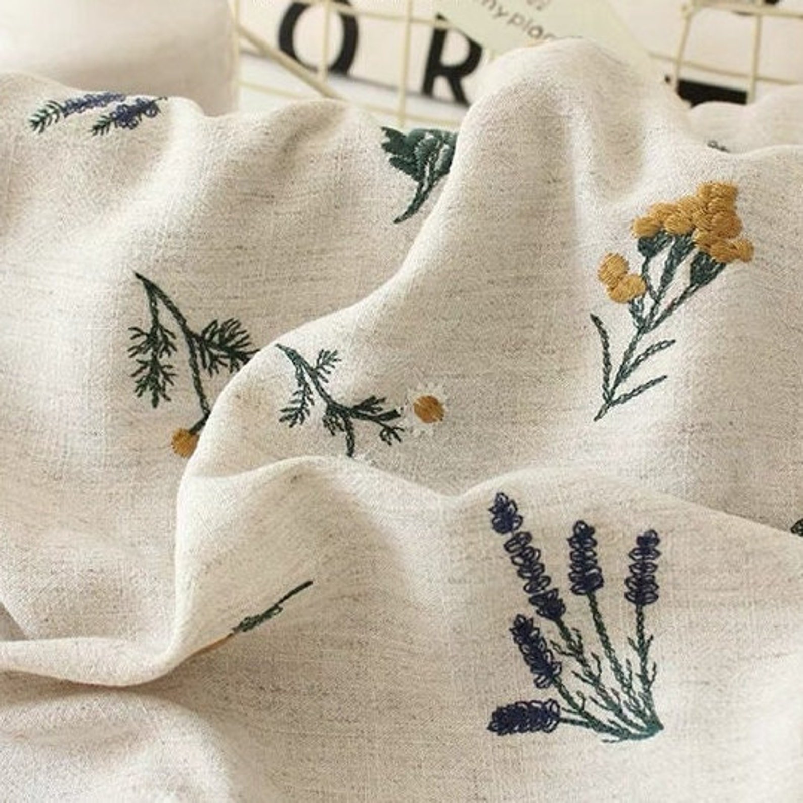 Floral Linen Embroidered Fabricplant Embroidered - Etsy